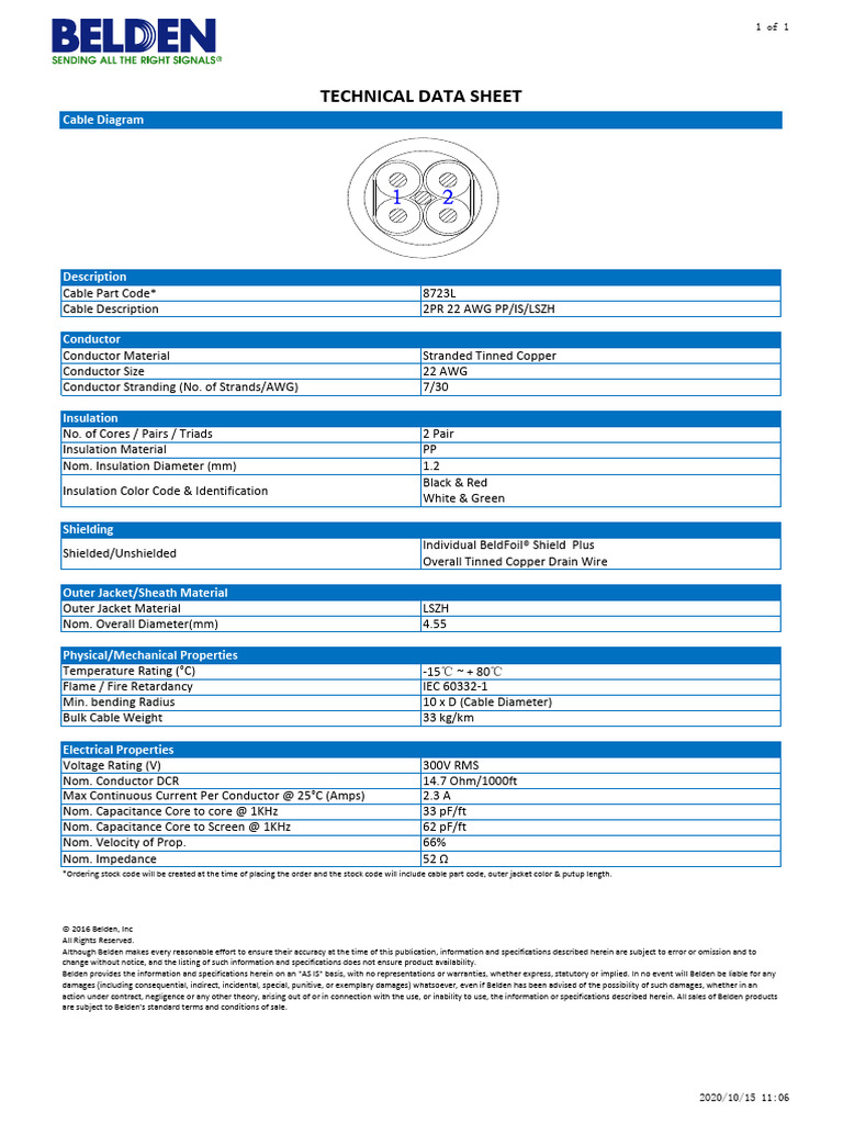 Technical Data Sheet: Cable Diagram | PDF | Insulator (Electricity ...