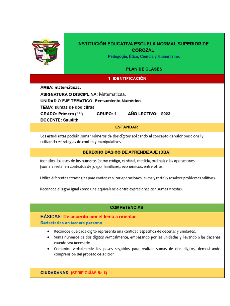 Plan de Clases MATEMATICAS | Descargar gratis PDF | Sustracción | Aprendizaje