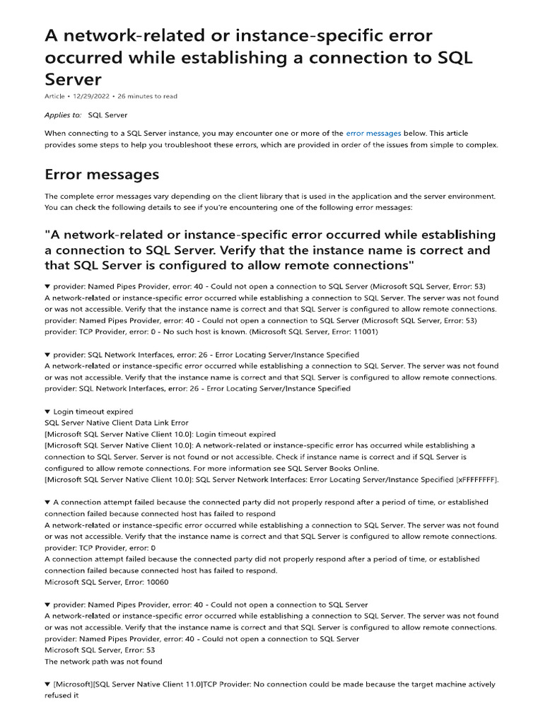 A Network-Related or Instance-Specific Error PDF | PDF