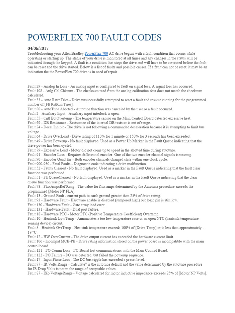Powerflex 700 Fault Codes | PDF | Input/Output | Electrical Engineering