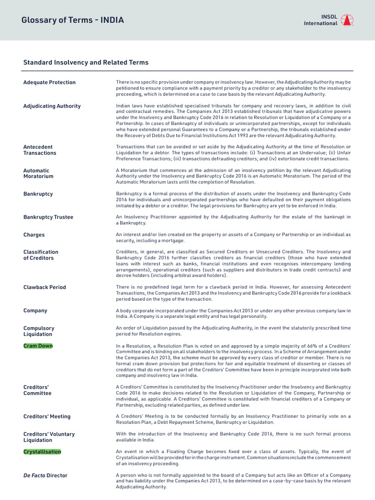 India Glossary | PDF | Bankruptcy | Liquidation