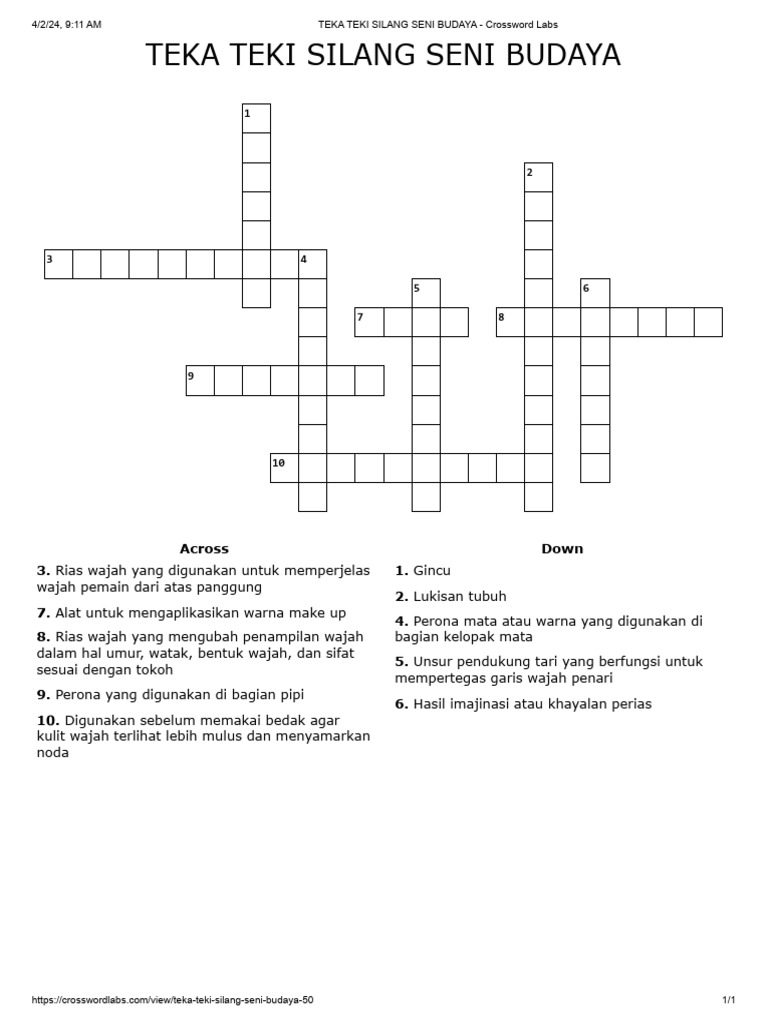 Soal Teka Teki Silang Seni Budaya | PDF