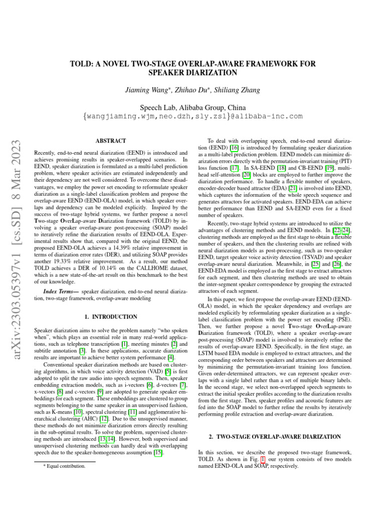 Told: A Novel Two-Stage Overlap-Aware Framework For Speaker Diarization Jiaming Wang, Zhihao Du ...