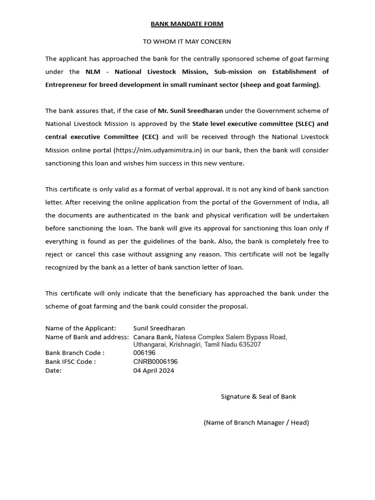 Canara Bank - Mandatee Form | PDF | Finance & Money Management