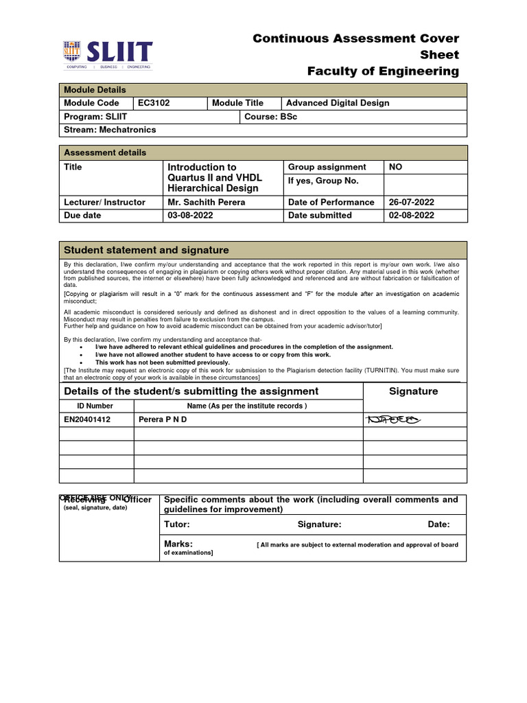 Introduction To Quartus II and VHDL Hierarchical Design | PDF | Plagiarism | Academic Dishonesty