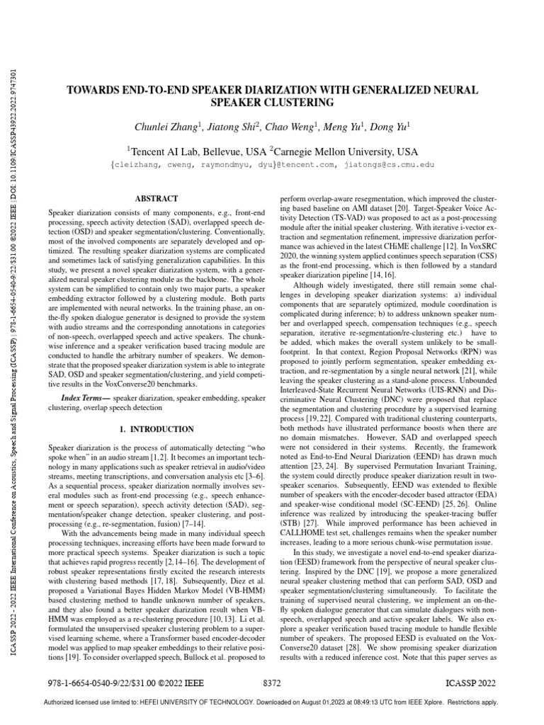 Towards End-To-End Speaker Diarization With Generalized Neural Speaker Clustering | PDF | Image ...