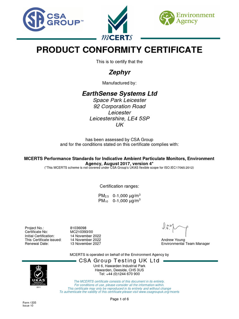 ZYPHER MCERT Certificate MC21039300a | PDF | Particulates | Calibration
