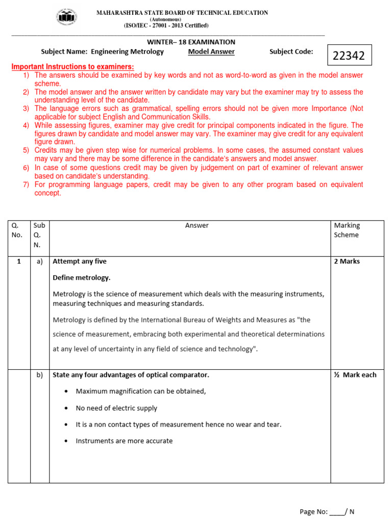 2018 Winter Model Answer Paper | PDF | Observational Error | Screw