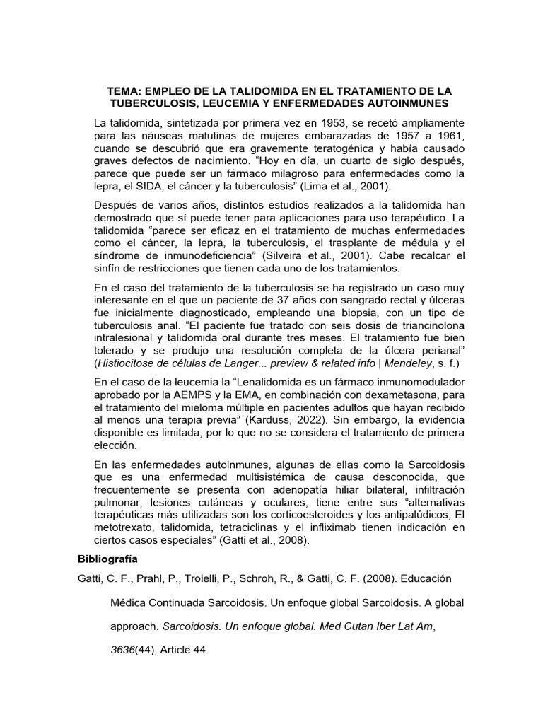 Talidomida: Tratamientos en Tuberculosis y Más | PDF | Terapia | Cáncer