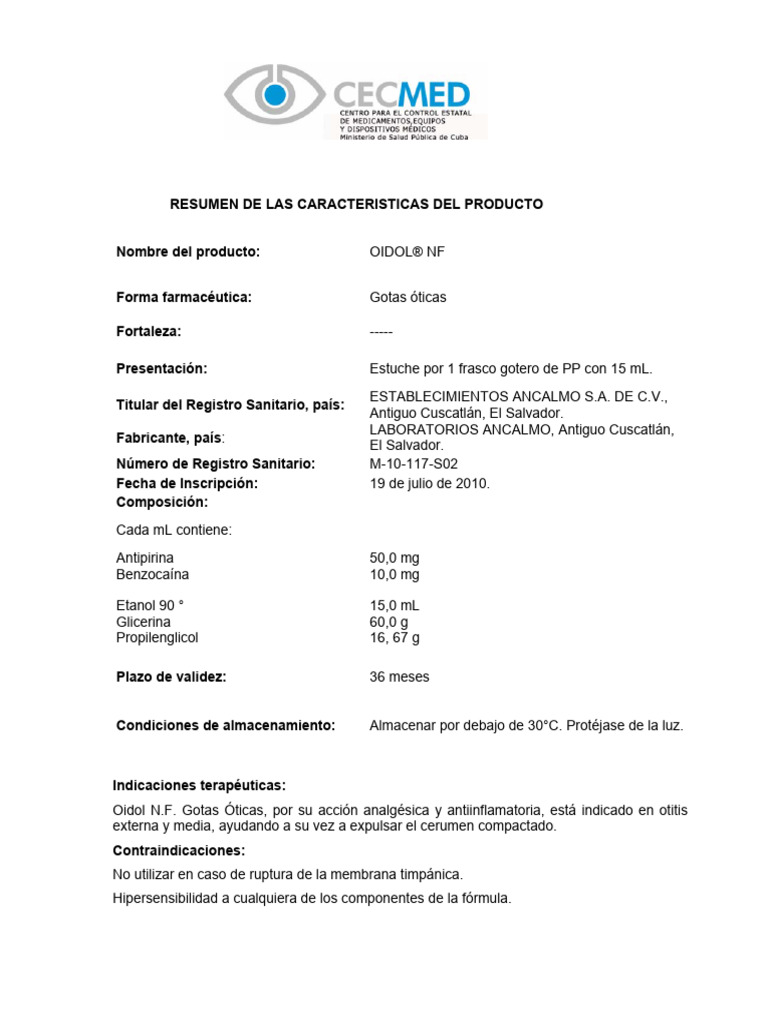M10117S02 Oidol Gotas óticas | PDF | Medicamentos con receta | Drogas