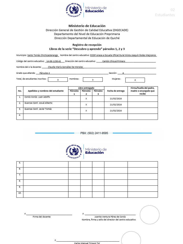L-028 Nominas de Estudiantes Prerimaria Descubro y Aprendo Parvulos 2 ...