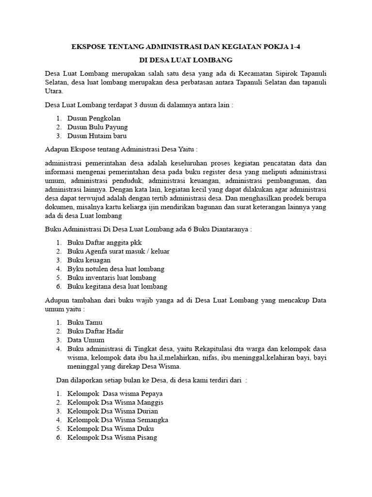 EKSPOSE TENTANG ADMINISTRASI DAN KEGIATAN PKK Luat Lombang | PDF