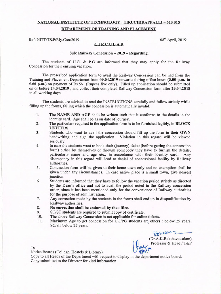 Railway Concession Circular 2019 | PDF