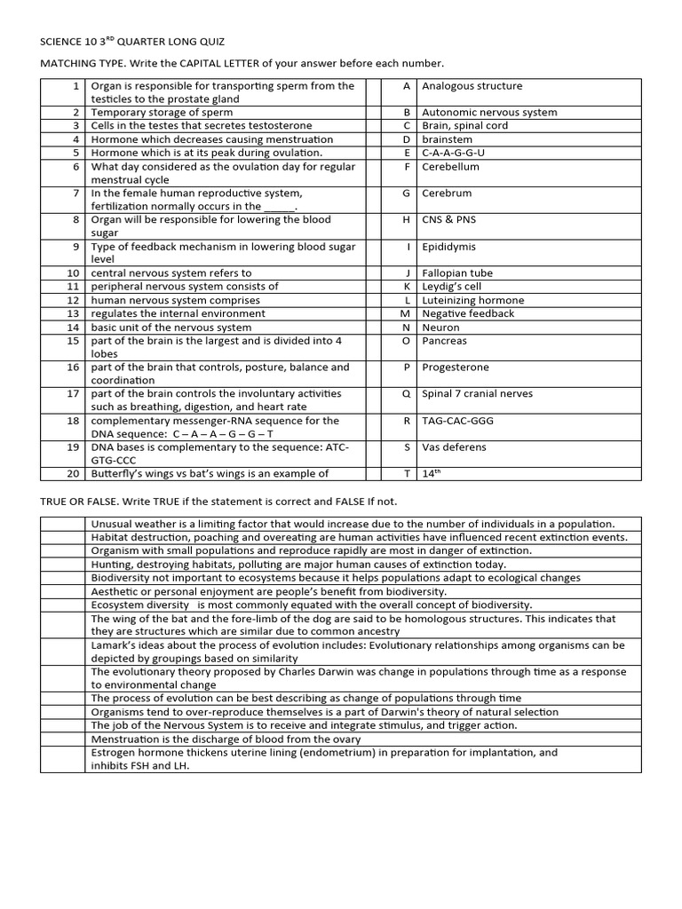 Science 10 3rd Quarter Quiz Guide | PDF | Central Nervous System ...