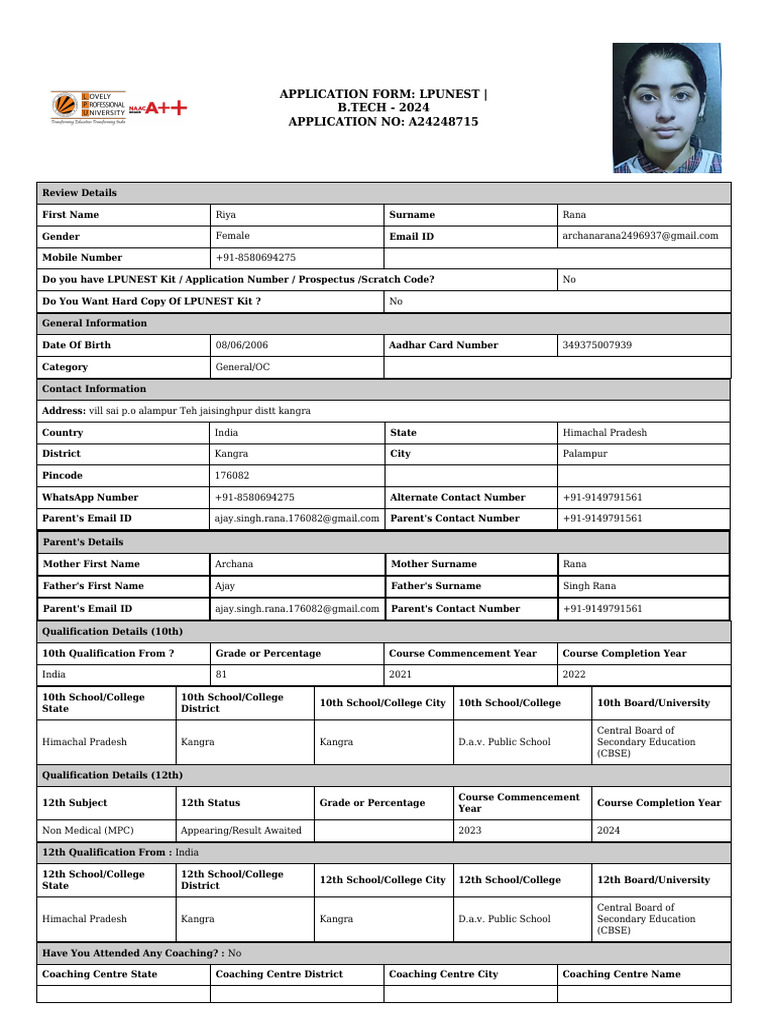 LPUNEST B.Tech 2024 Application Form | PDF | Educational Stages | Qualifications