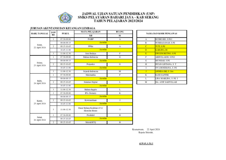 Jadwal Usp 2024-Smkbj | PDF