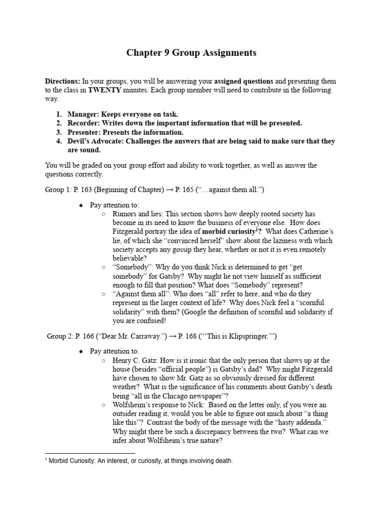 The Great Gatsby Presentation Assignment For Chapter 9 | PDF | The ...