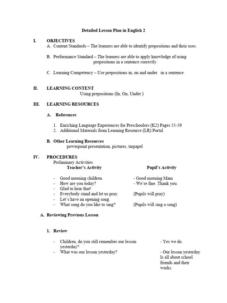 English 2 Lesson Plan on Prepositions | PDF | Lesson Plan | Preposition ...