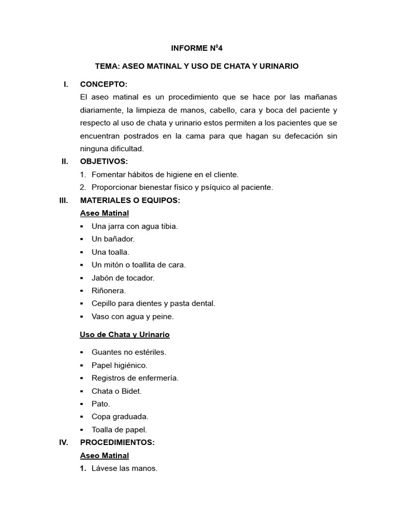 GRUPO 4- INFORME DE ASEO MATINAL Y USO DE CHATA Y URINARIO ... GRUPO 4- INFORME DE ASEO MATINAL Y USO DE CHATA Y URINARIO ...