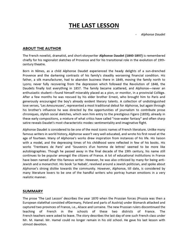 Critical Analysis of The Last Lesson | PDF