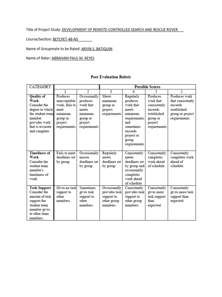 Peer Evaluation Rubric ABRAHAM | PDF | Leadership | Rubric (Academic)