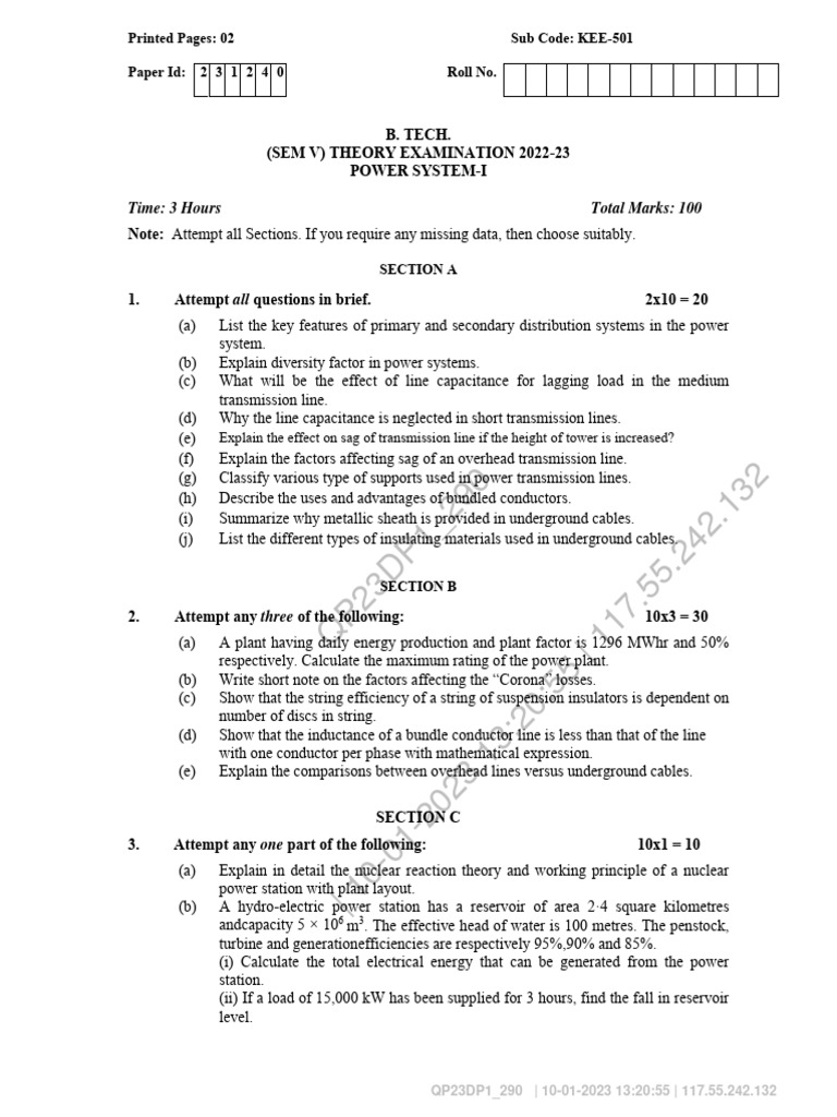 btech-ee-5-sem-power-system-1-kee501-2023 | PDF | Electric Power ... btech-ee-5-sem-power-system-1-kee501-2023 | PDF | Electric Power ...