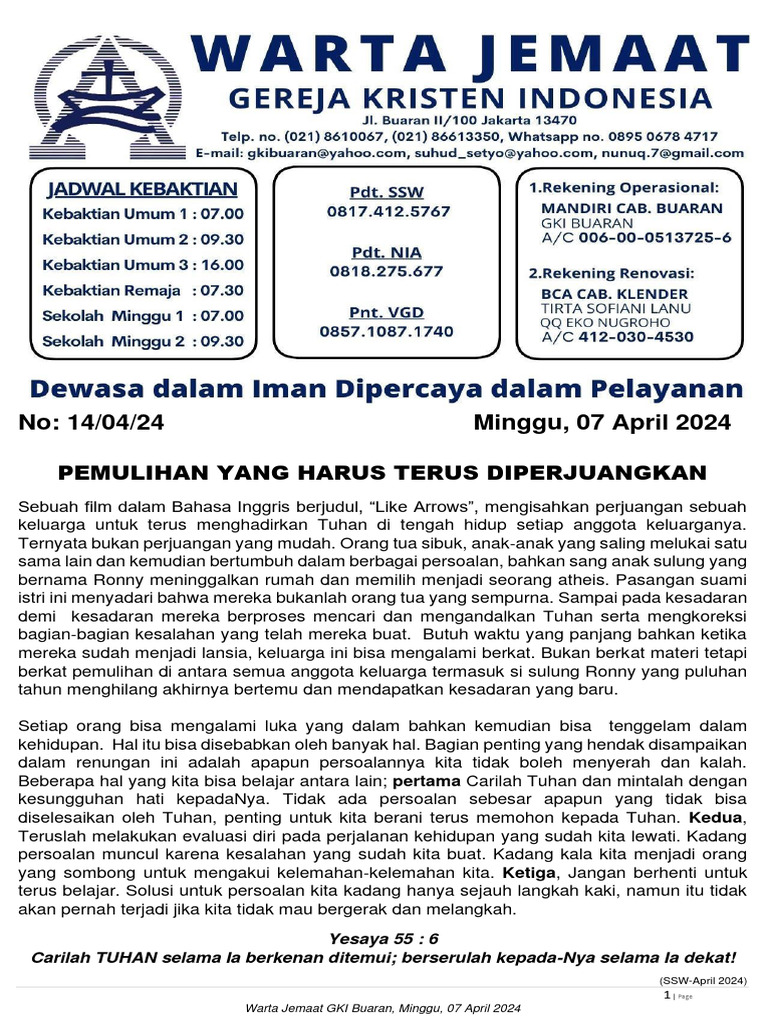 Warta Jemaat GKI Buaran 7 April 2024 | PDF