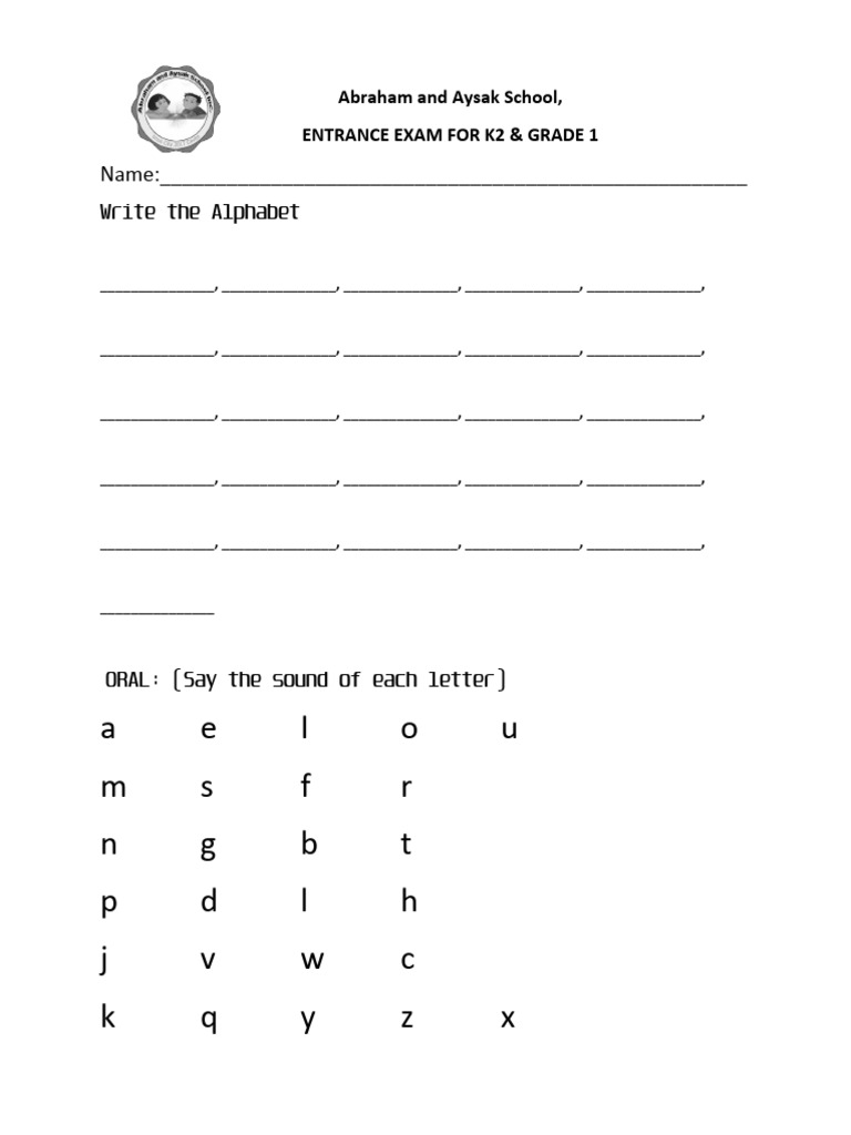 K2 & Grade 1 Entrance Exam | PDF