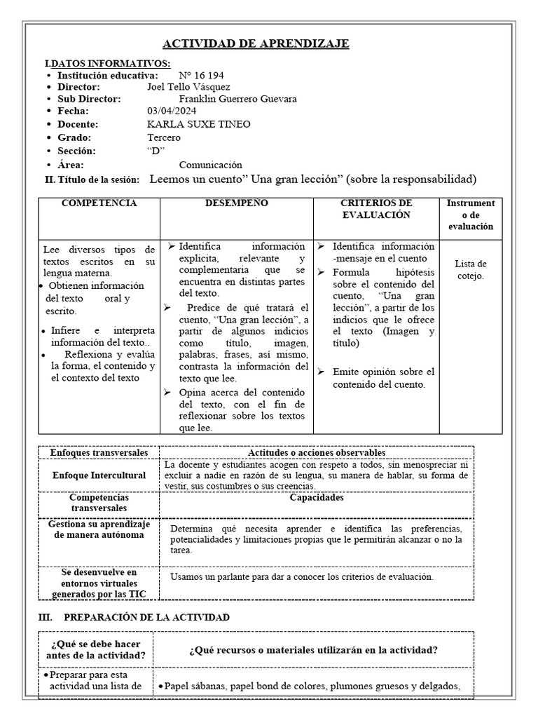 Sesion Leemos Un Cuento Responsabilidad | PDF | Evaluación | Aprendizaje