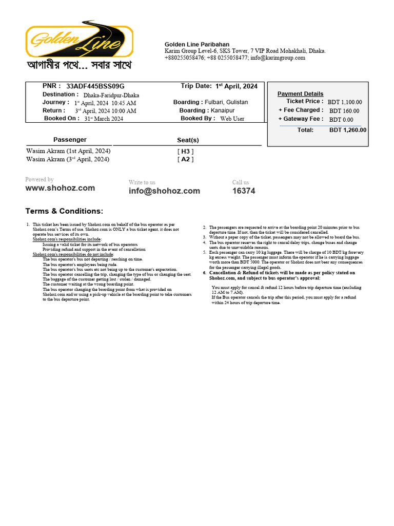 Dhaka-Faridpur Bus Ticket Details | PDF | Bus | Land Transport