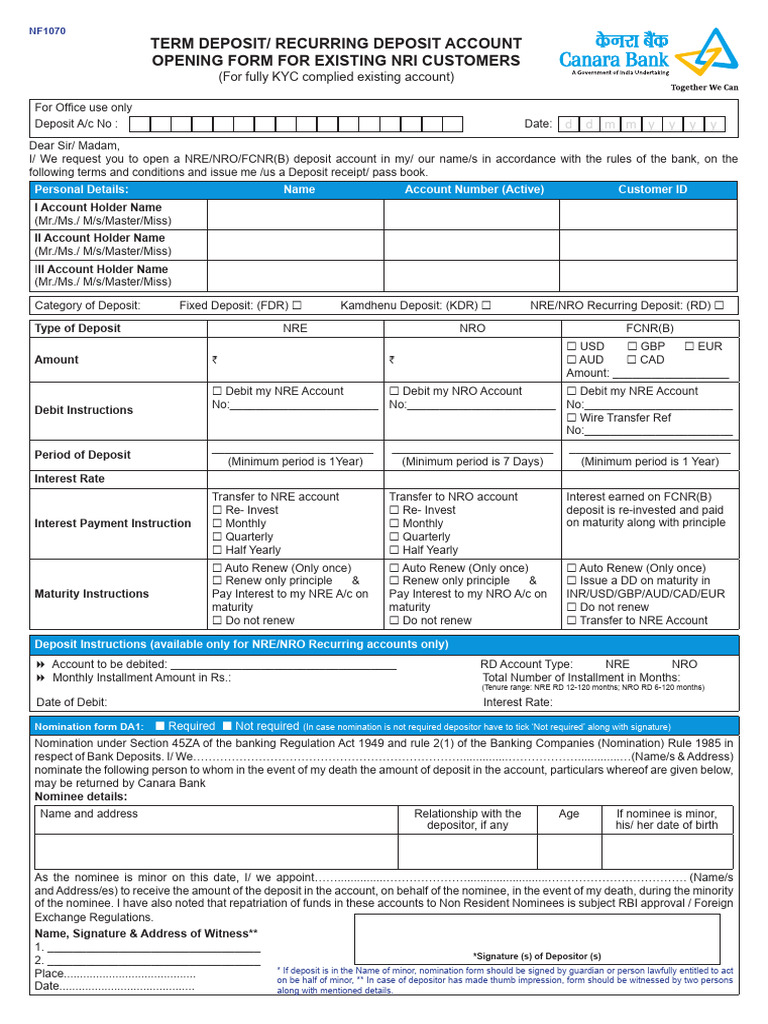 NRI TD and RD Account Opening Form | PDF | Banks | Deposit Account