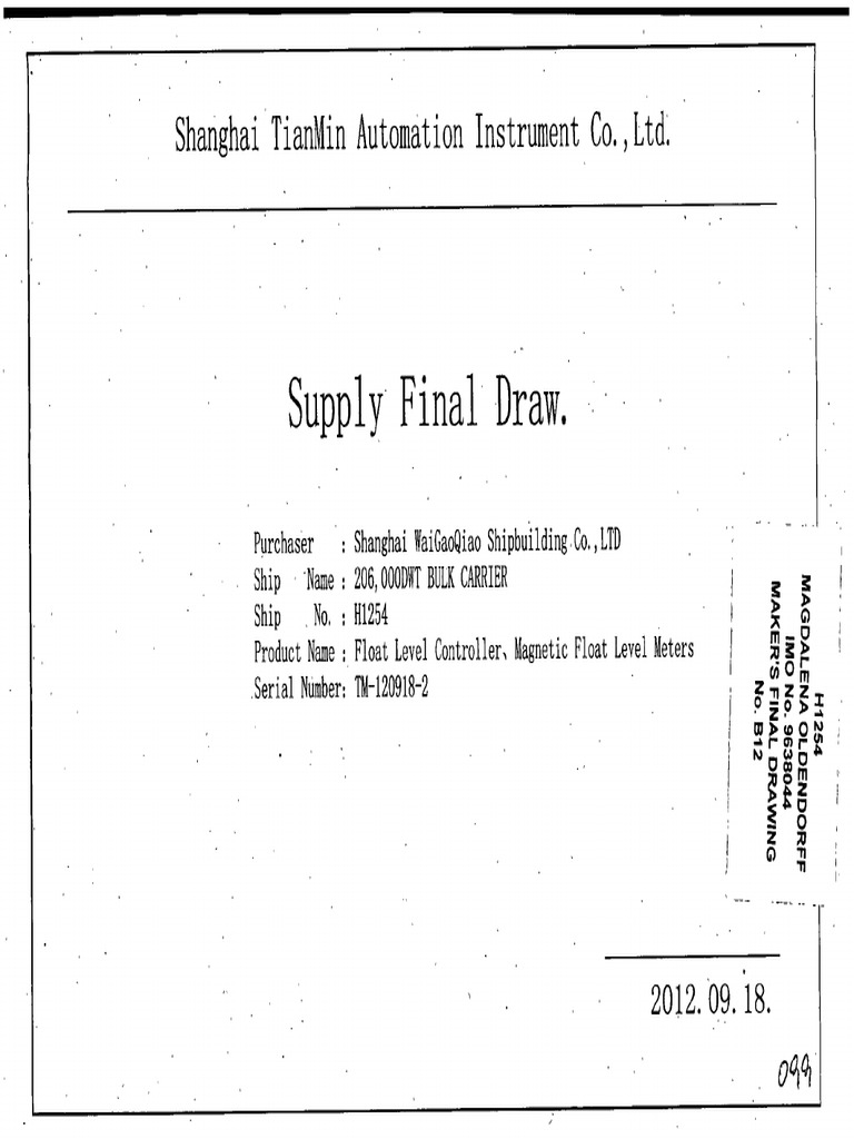 Supply Final Draw.: Shanghai Tianmin Automation Instrument Co.,Ltd | PDF
