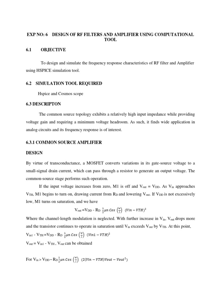 Exp 6 Design of RF Filters | PDF | Amplifier | Electrical Circuits
