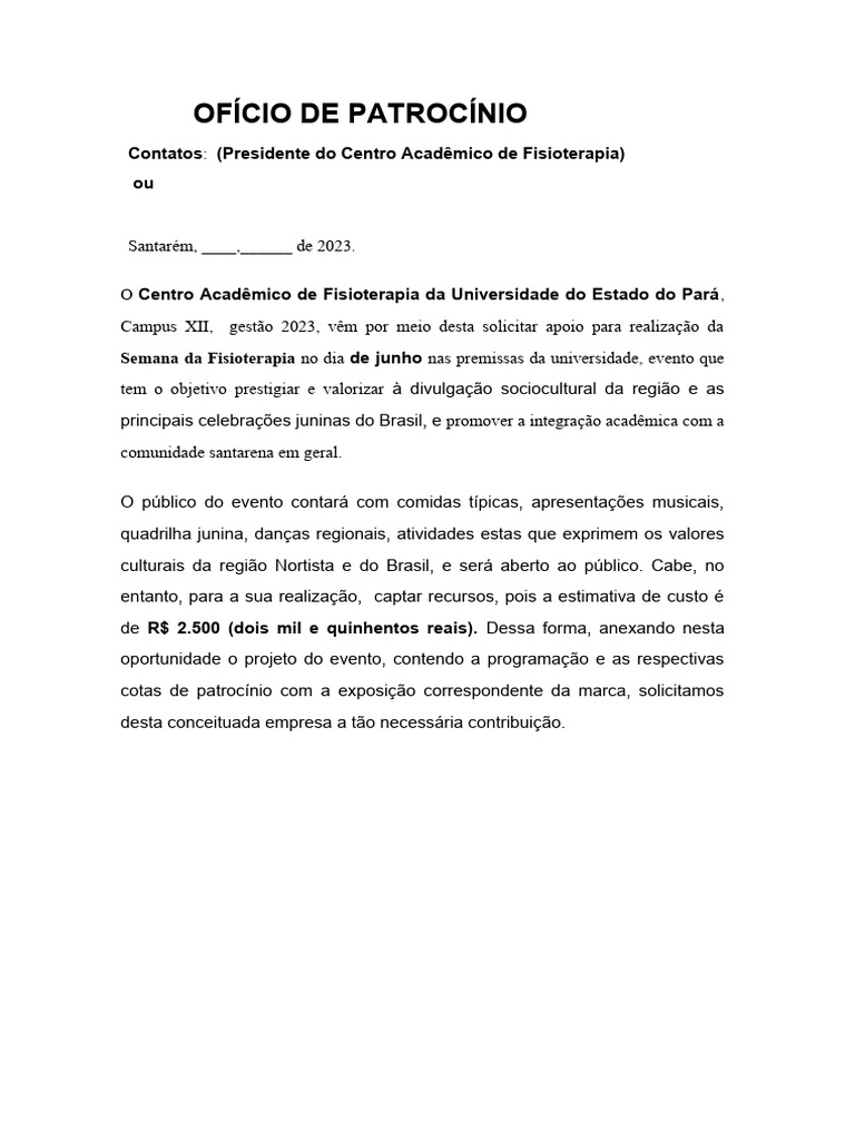 Modelo Do Ofício de Patrocínio | PDF | Negócios