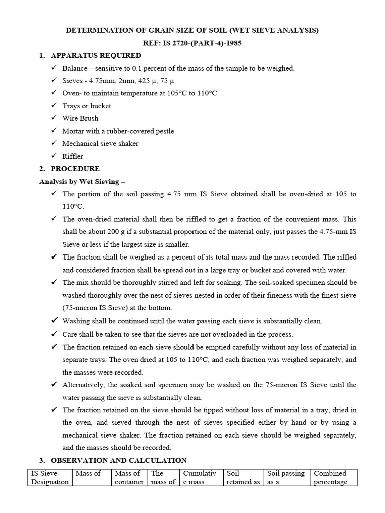 Grain Size Analysis of Soil by Wet Sieve | PDF | Applied And ...