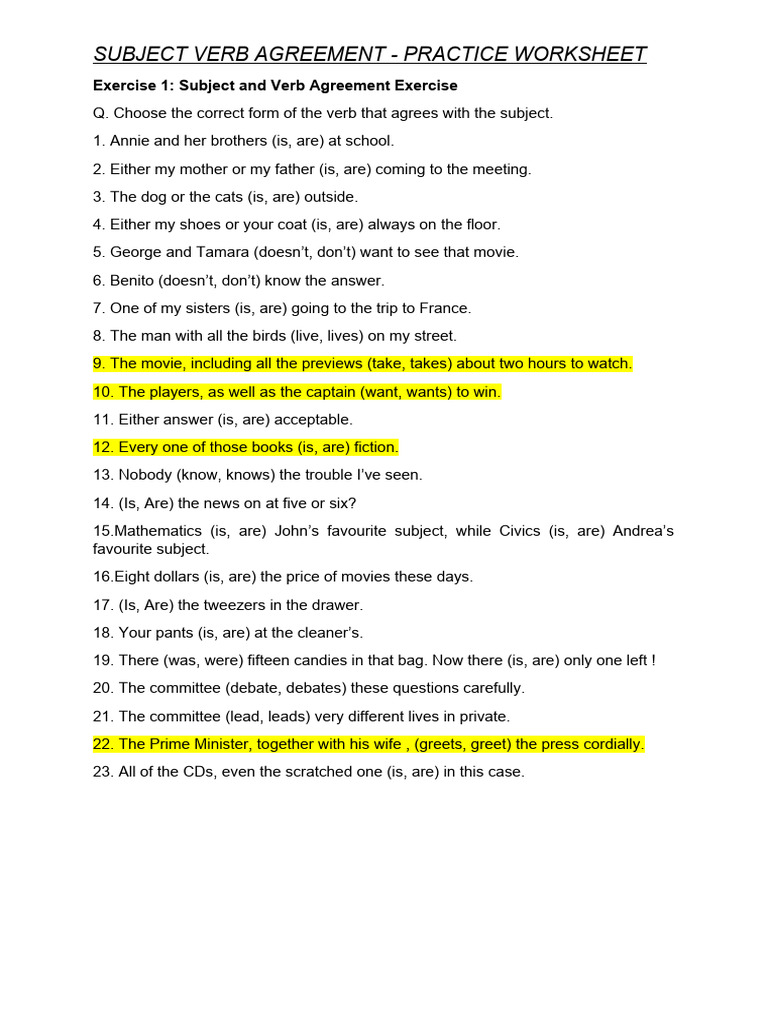 Subject and Verb Agreement - 2 Exercises With Exceptions | Download ...