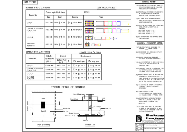 RCC Column and Footing Schedule | PDF | Concrete | Column
