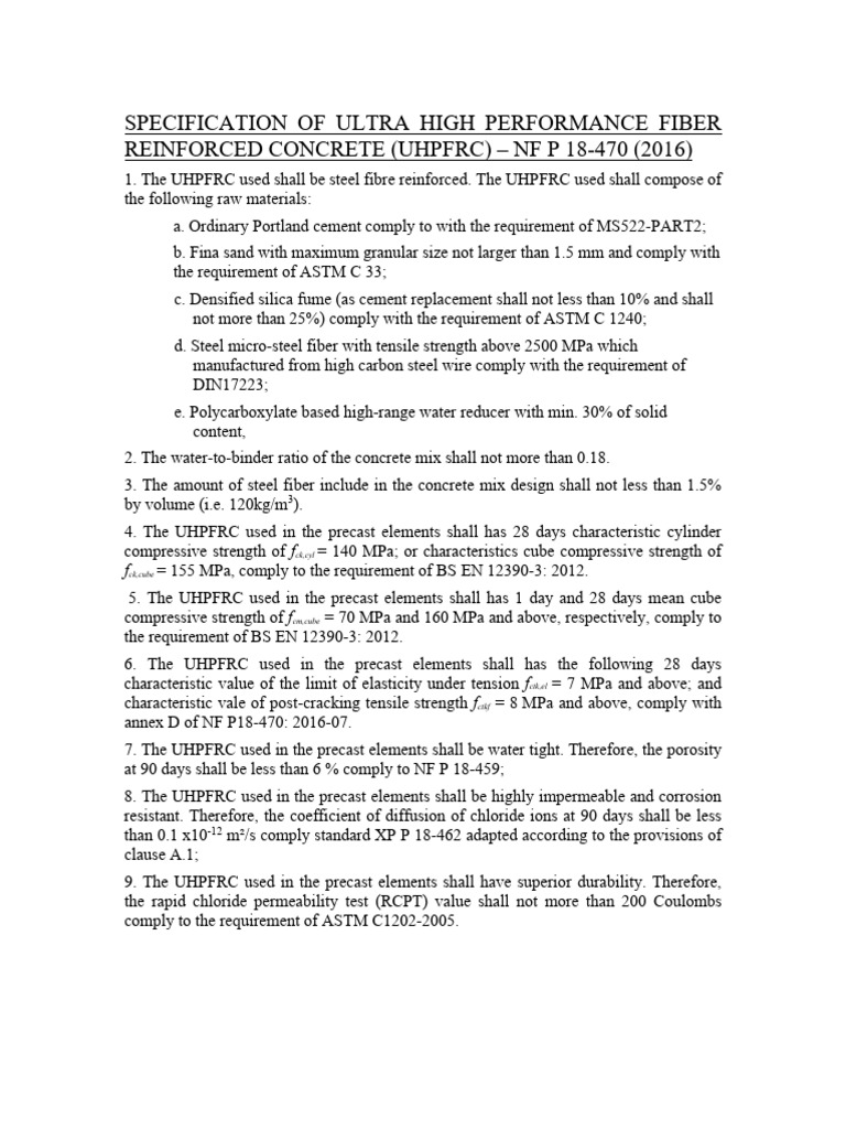 UHPFRC Specification - NF P18-470 (2016) - Summary Version 3 (280918) | PDF
