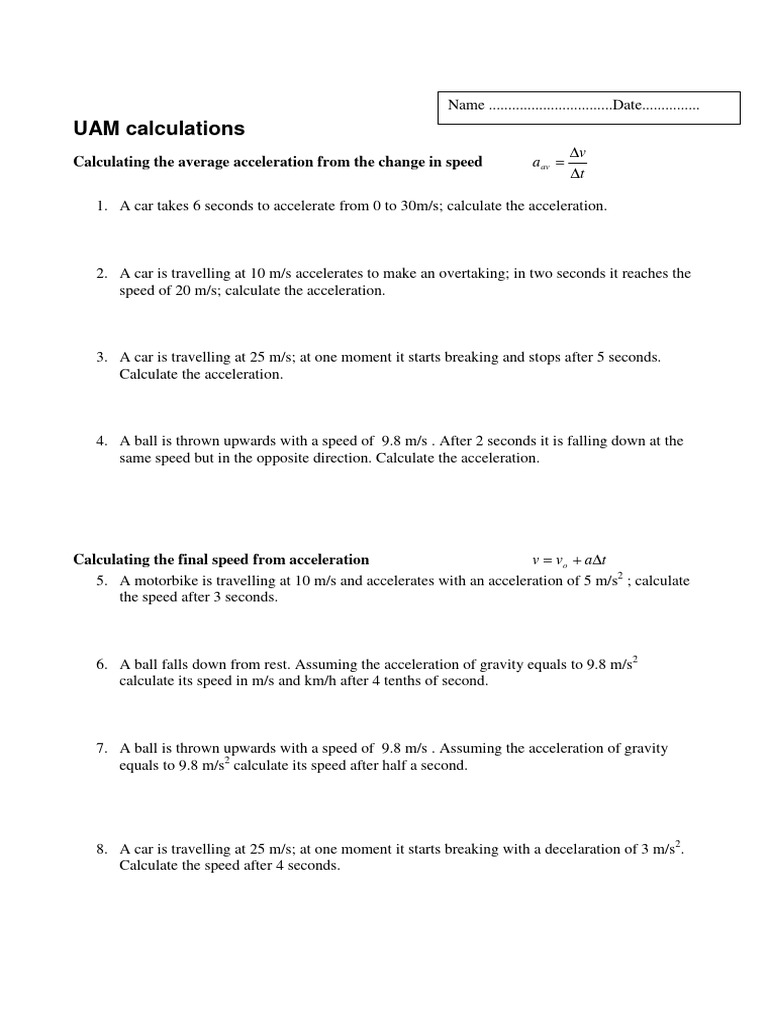 UAM Calculations Worksheet | PDF | Speed | Acceleration