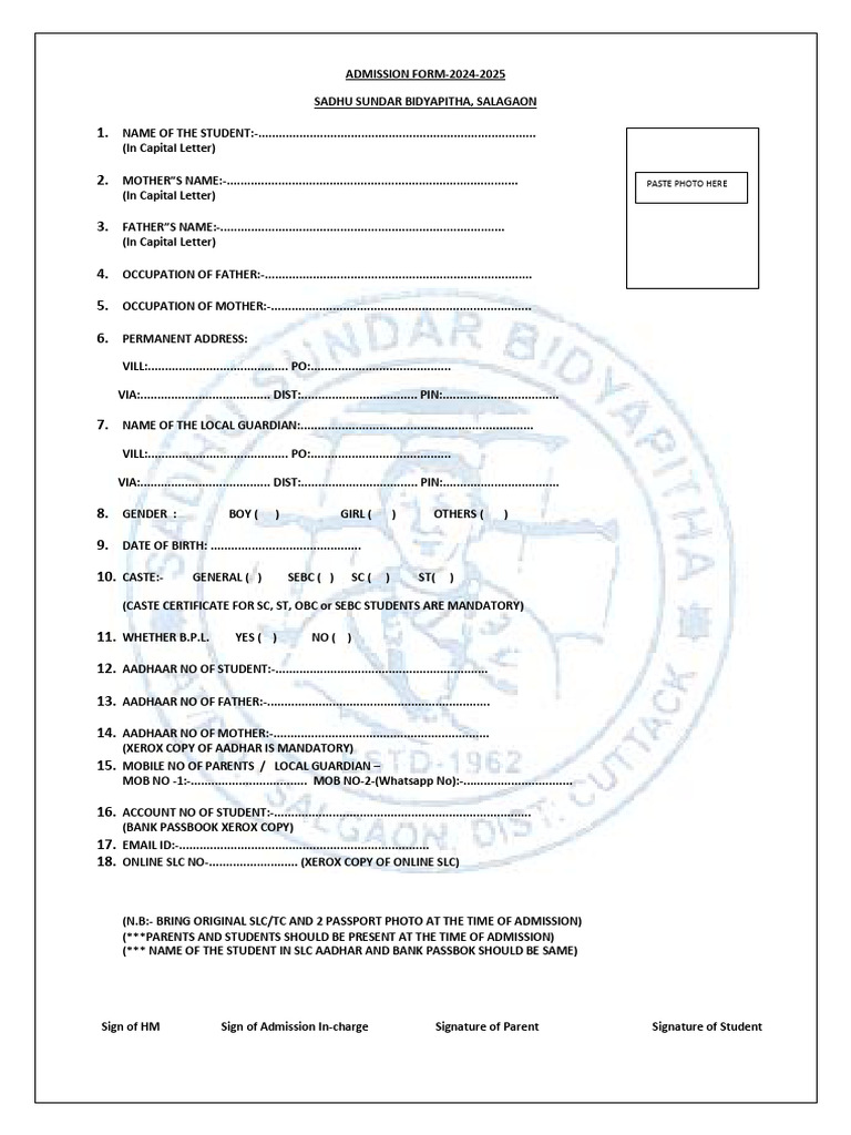 ADMISSION FORM OF SSBP SESSION-24-25 | PDF | Privacy | Applications Of ...