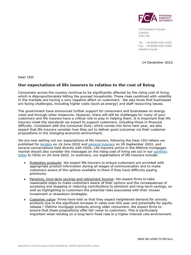 Dear Ceo Letter Expectations Life Insurers Cost of Living | PDF | Cost ...