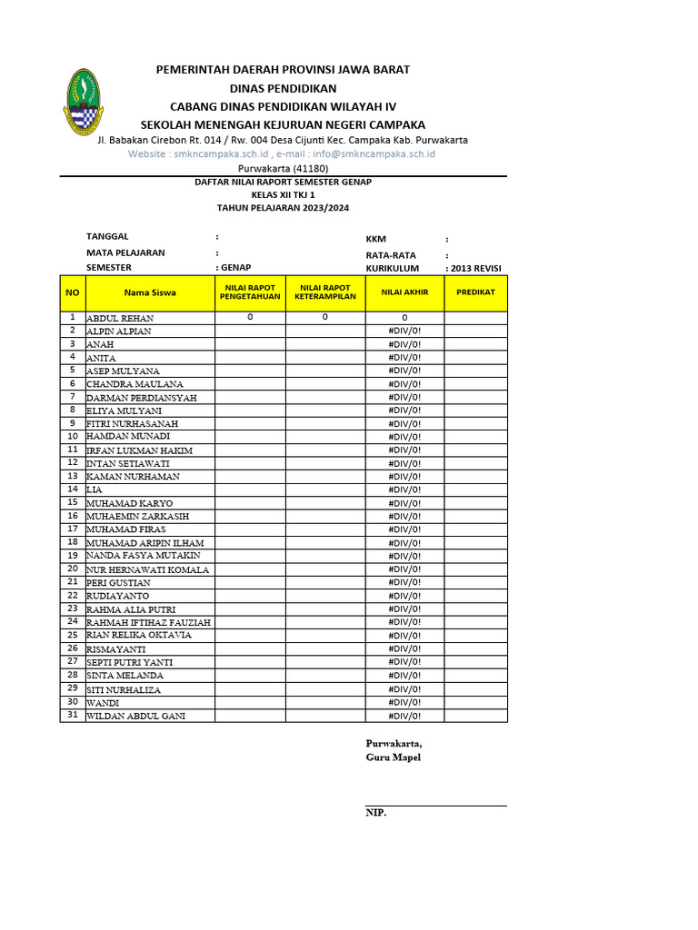 Nilai Rapot Kelas Xii Semester Genap Tp. 2023-2024 | PDF