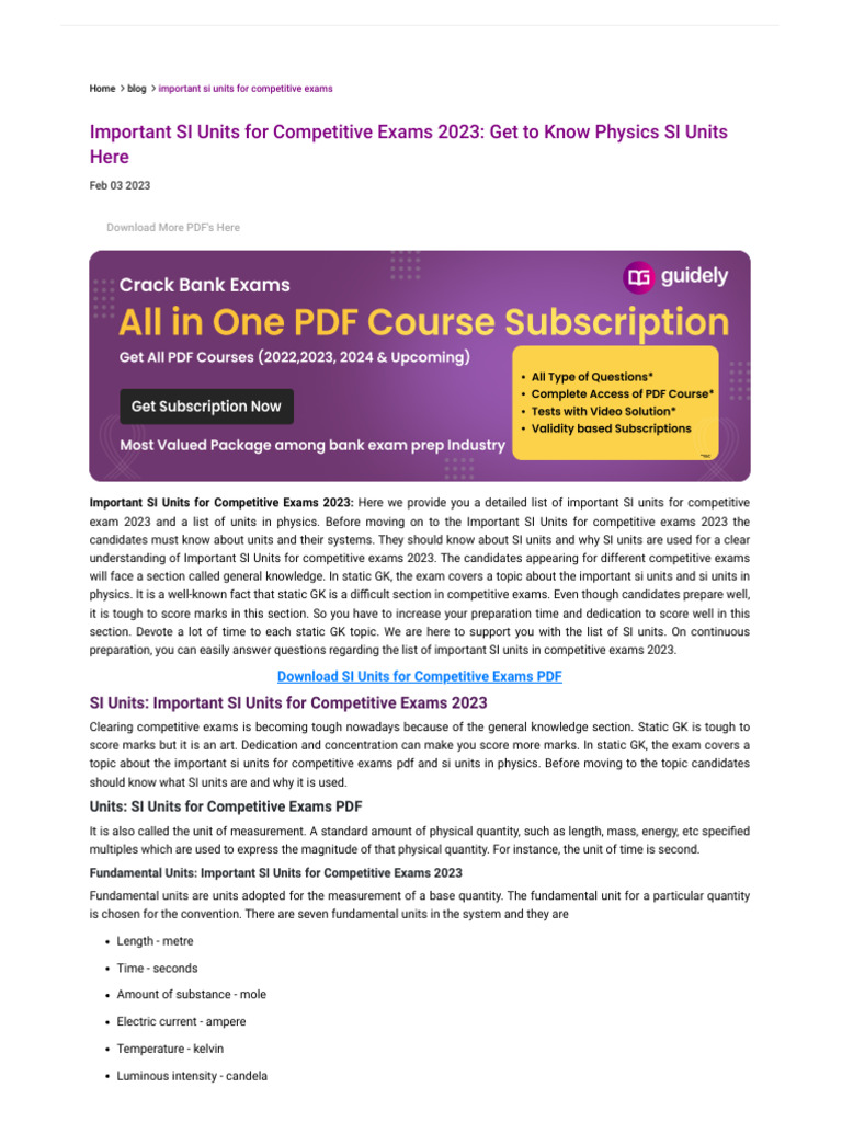 Important SI Units For Competitive Exams 2023 - Physics SI Units | PDF | International System Of ...