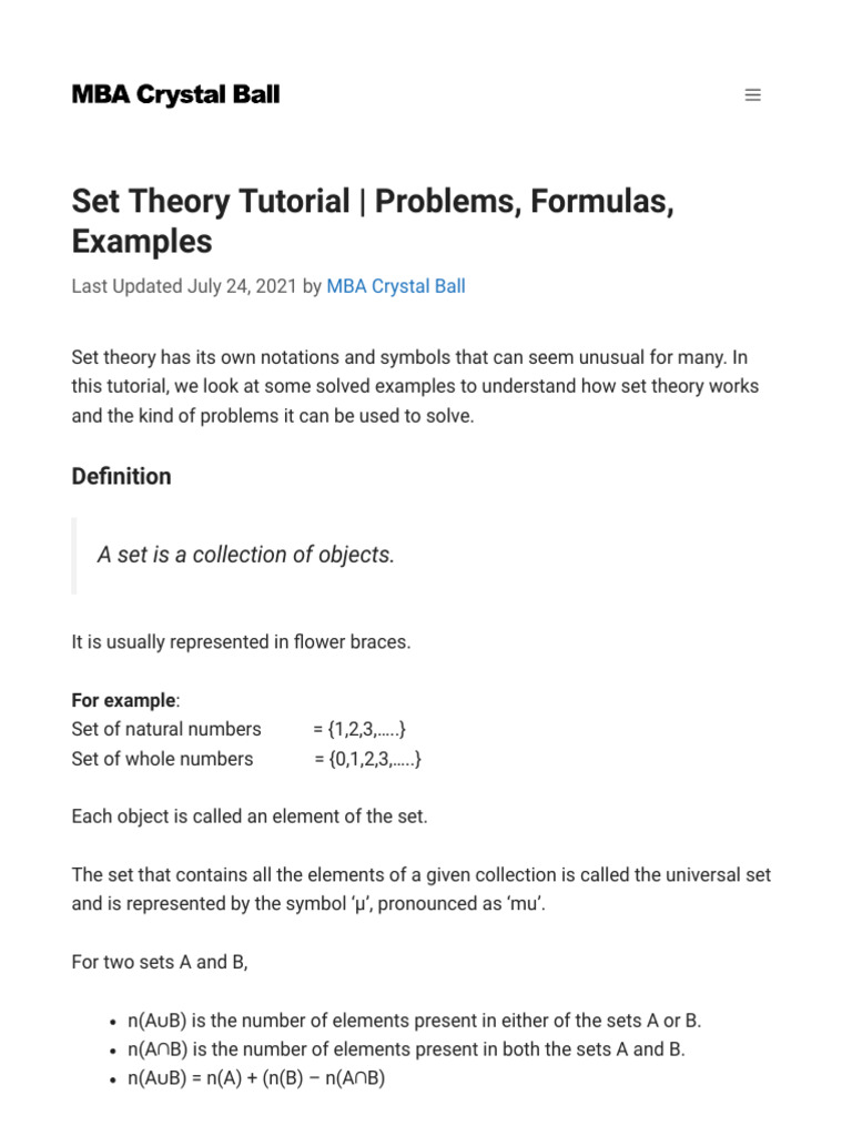 Set Theory Tutorial - Problems, Formulas, Examples - MBA Crystal Ball ...