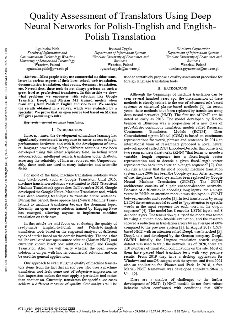 Quality Assessment of Translators Using Deep Neural Networks For Polish-English and E-P ...