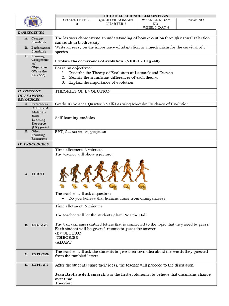 Grade 10 Evolution Lesson Plan | PDF | Natural Selection | Change