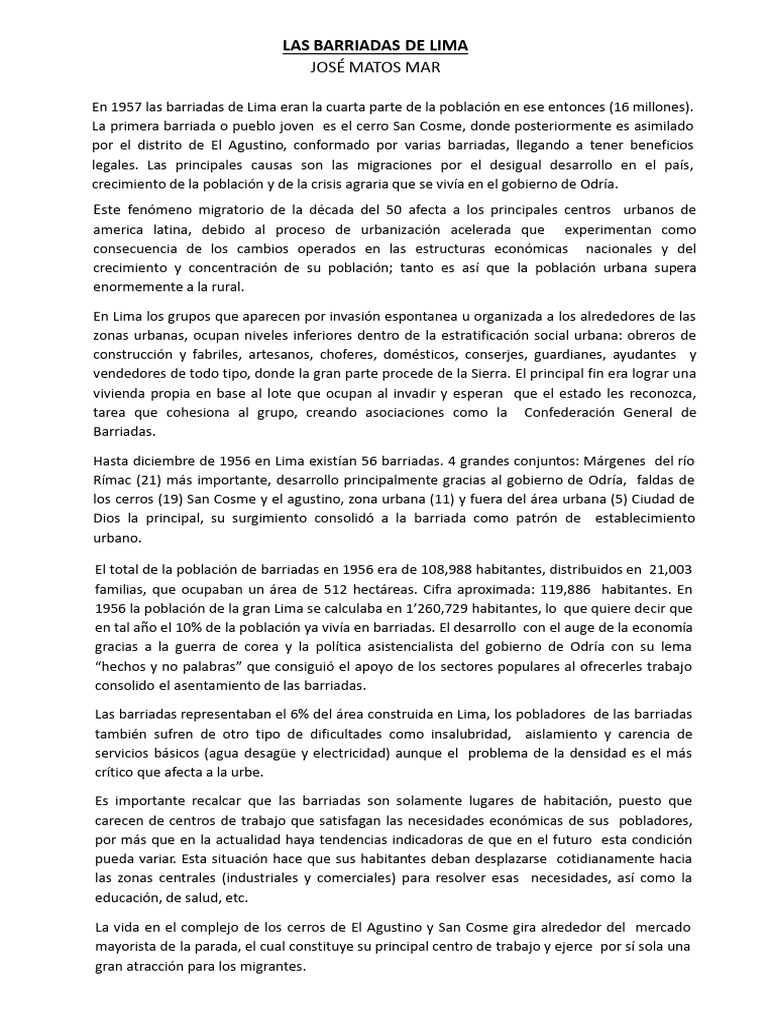 Barriadas de Lima: Origen y Desarrollo | PDF | Lima | Ciudad