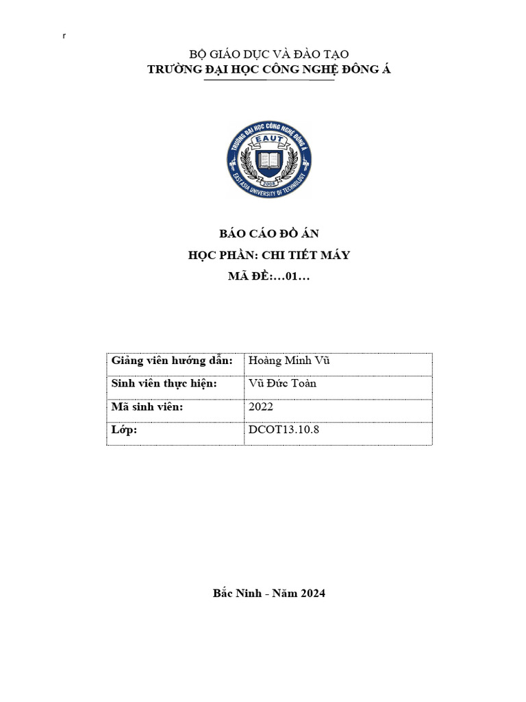 BM - Bìa Trang Ký Quyển Đồ Án Chi Tiết Máy | PDF