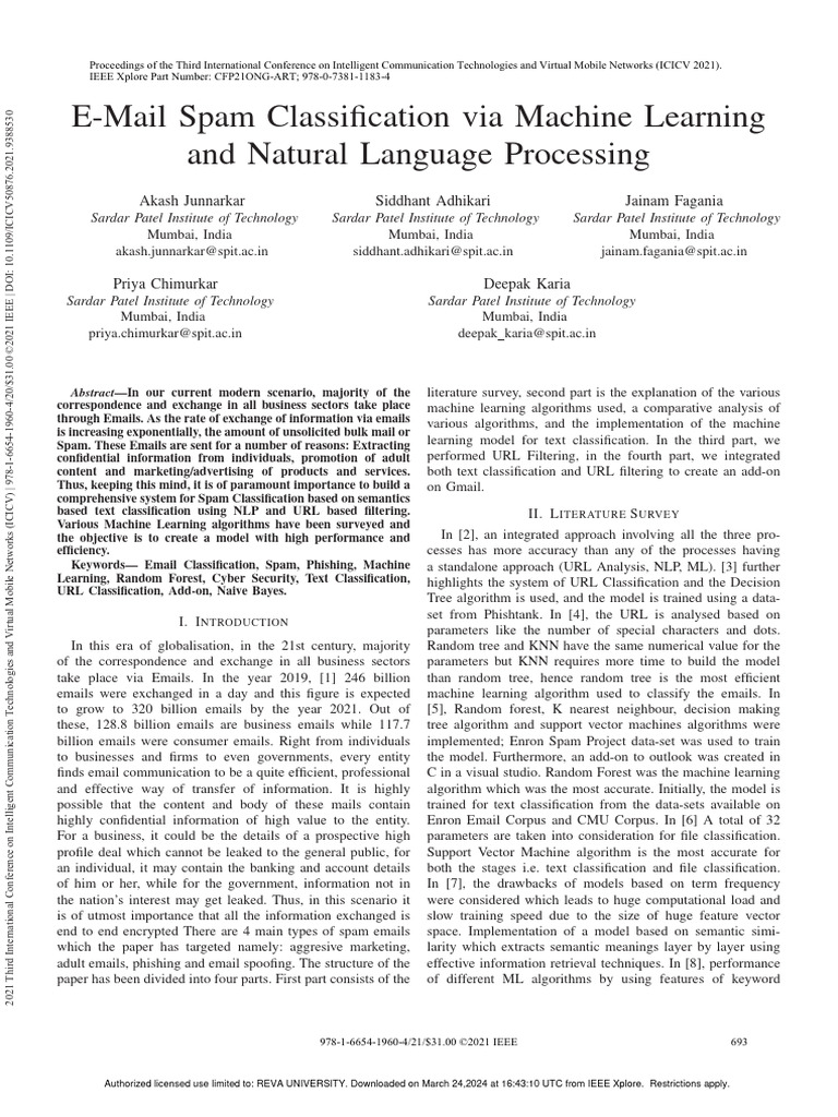 E-Mail Spam Classification Via Machine Learning and Natural Language Processing | PDF | Support ...
