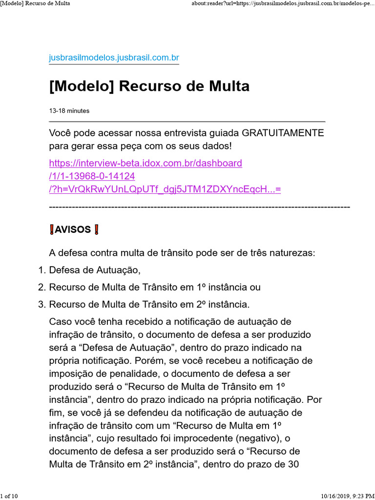 [Modelo] Recurso de Multa | PDF | Tráfego | Multa de trânsito